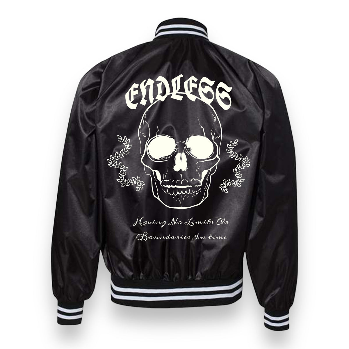Lightweight Endless Satin Baseball Jacket w/ striped trim Lightweight Endless Satin Baseball Jacket w/ striped trim